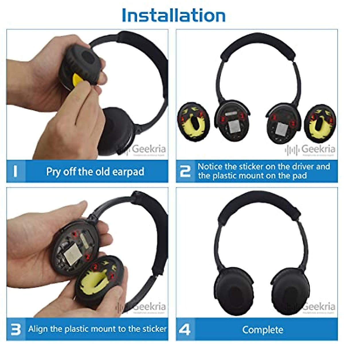 Geekria QuickFit Replacement Ear Pads for Bose QC3 ON-Ear, QuietComfort 3 Headphones Ear Cushions, Headset Earpads, Ear Cups Cover Repair Parts (Black)