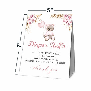 JCVUK Baby Shower Games, 1 Diaper Raffle Standing Sign with 50 Diaper Raffle Tickets,Bear Theme Babyshower Party Decorations and Supplies For Boys or Girls(LBLK-B01)