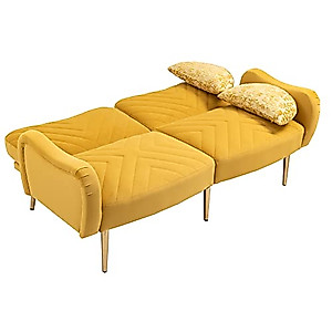 65" Sofa Bed, 2-seat Mid Century Modern Velvet Love Seats Sofa with 2 Bolster Pillows and Armrest Metal Legs for Compact Living Space, Apartment, Dorm, Bedroom - Mustard
