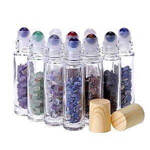 Glass Roller Bottle With Gemstone Roller Balls,10ml Roll On Bottles Essential Oil Roller Bottles Travel Sample Bottles With Crystal Chips Inside For Oil Perfume 10 Pcs
