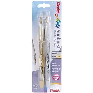 Pentel Arts Sunburst Metallic Gel Pen, Medium Line, Permanent, Gold and Silver Ink, 2 Pack (K908BPXZ)