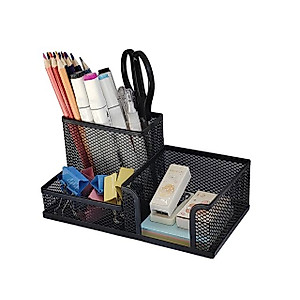 BLACK Metal Mesh 3 Compartment Desk Organizer Pencil Holder