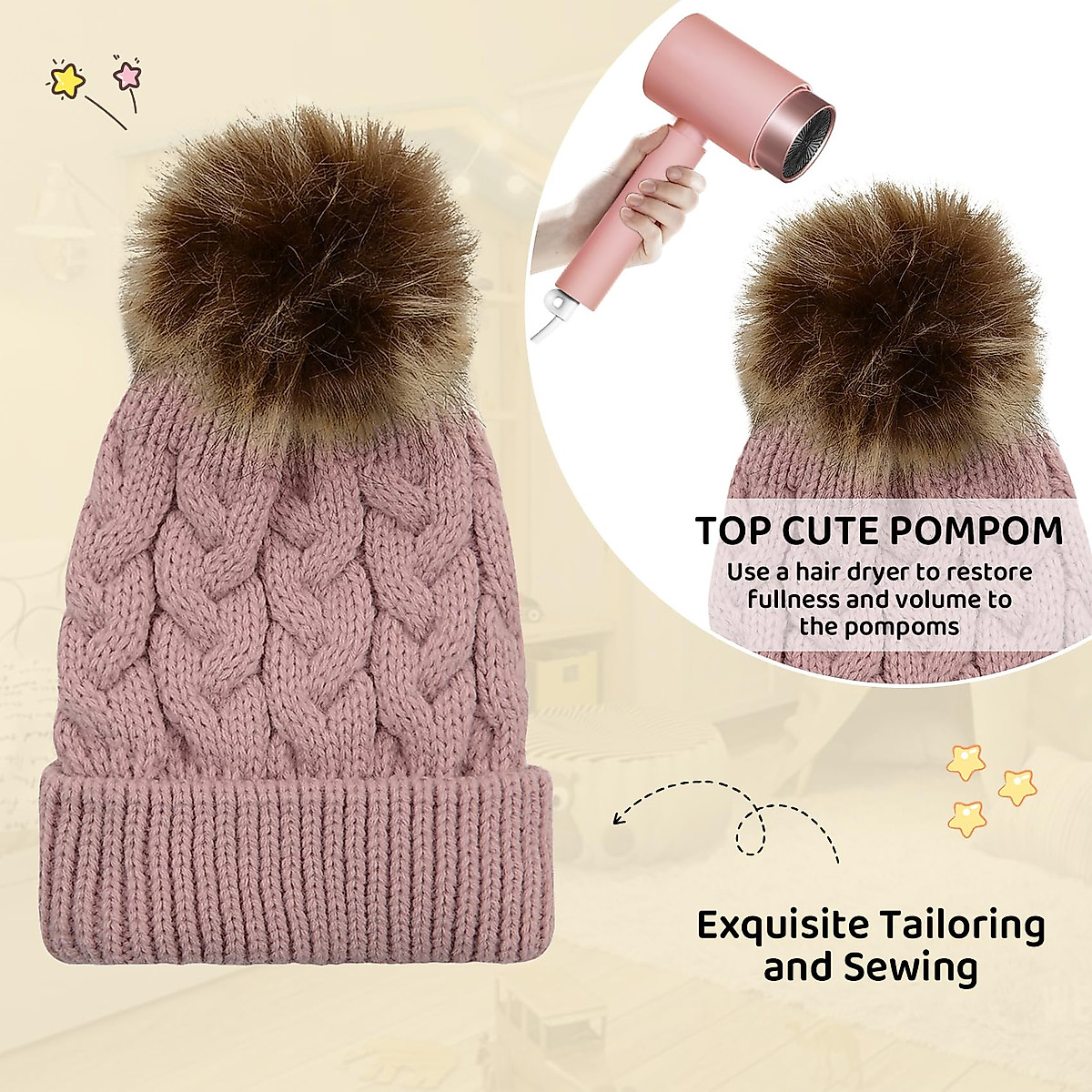 Durio Toddler Winter Hat Knit Toddler Hats for Boys Girls Pompom Toddler Boy Hat Baby Beanie Ivory White & Gray & Pink & Black One Size