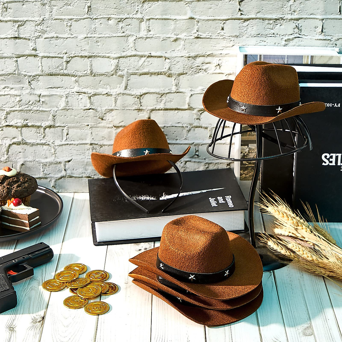 6 Pcs Cowboy Hat Headband Mini Cowgirl Hat Headband Cowgirl Costume Accessories for Women Men Adult Western Party Supplies, Brown