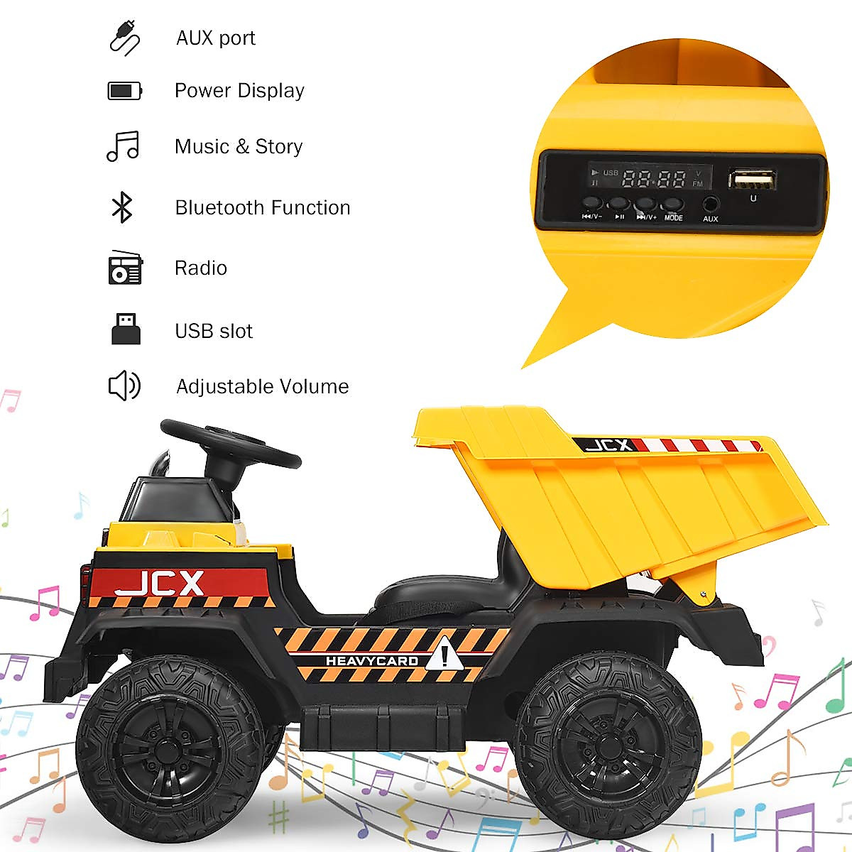 Costzon Ride on Car, 12V Ride on Dump Truck w/Remote Control, Electric Dump Bed, Music, Horn, USB, AUX, Treaded Tires, Shovel, 3 Speeds, Battery Powered Construction Vehicle, Electric Car for Kids