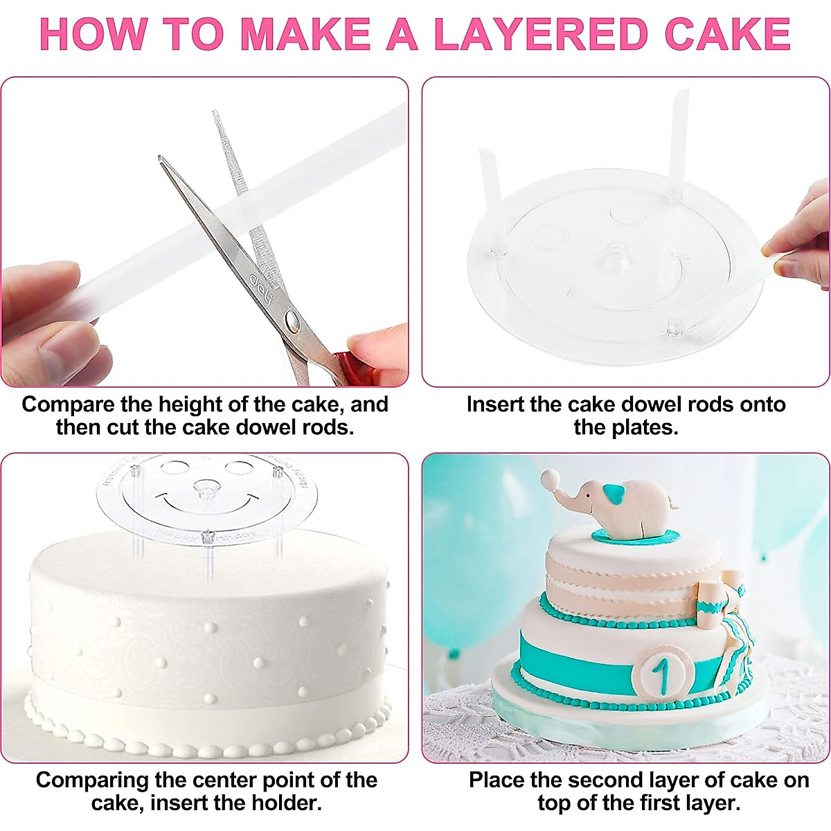 Kartisen 40 Pieces Plastic Cake Dowel Rods Set, 20 White Plastic Cake Sticks Support Rods with 5 Cake Separator Plates for 4, 6, 8, 10,12 Inch Cakes and 15 Clear Cake Stacking Dowels for Tiered Cakes