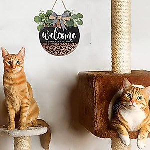 FWIEXA 3D Welcome Door Sign Wreath Wall Decor, It's Basically A Zoo in Here Round Wood Hanging Sign (11.4”x11.4”), Funny Hollow Leopard Pattern Decoration for Yard Garden Farmhouse Outdoor