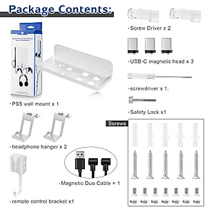 ROCHIE PS5 Wall Mount Bracket PS5 Wall Stand with 2-in-1 Magnetic Charging Cable for Playstation 5 Disc/Digital Edition, with Detachable Controller Holder & Headphone Hanger White