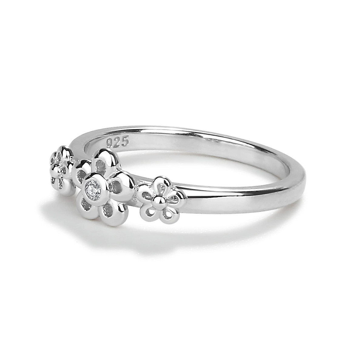 Sterling Silver Baby Ring with Daisies and April Simulated Birthstone (Size 2)