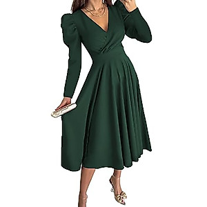 Dokotoo Womens Cocktail Dresses for Wedding Guest Fall Fashion 2023 Wrap V Neck Long Sleeve High Waist A Line Business Casual Party Elegant Cute Swing Midi Ladies Dress Outfit Green X-Large