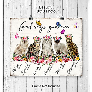 God Says You Are Cat Wall Art - Christian Inspirational Encouragement Gifts for Women - Bible Verses, Psalms, Scripture Wall Decor- Catholic Religious Gifts - Positive Motivational Quotes - Boho Decor