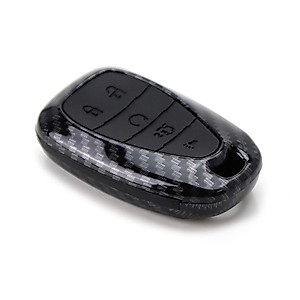 iJDMTOY Compatible with Chevy 2016-up Camaro Cruze, 2017-up Malibu Sonic, Carbon Fiber Hydrographic Printing Design Smart Key Fob Cover Shell w/Black Silicone Keypad Button Skin