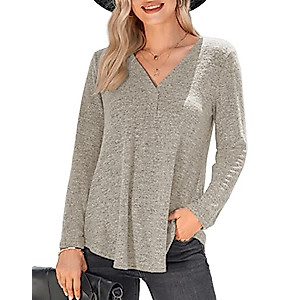 iGENJUN Long Sleeve V Neck Tunic Sweatshirts for Women T Shirts Solid Classic Loose Fit Tops 2023 Fall Fashion Trendy Outfits,Khaki,XL