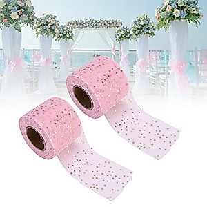 Cyrank Tulle Rolls 2pcs, 6cm Width 25 Yards Tulle Fabric with Gold Stars Patterns Glitter Tulle Rolls for Chair Ties Tutu Skirt Wedding Decor Gift Wrapping(Pink)