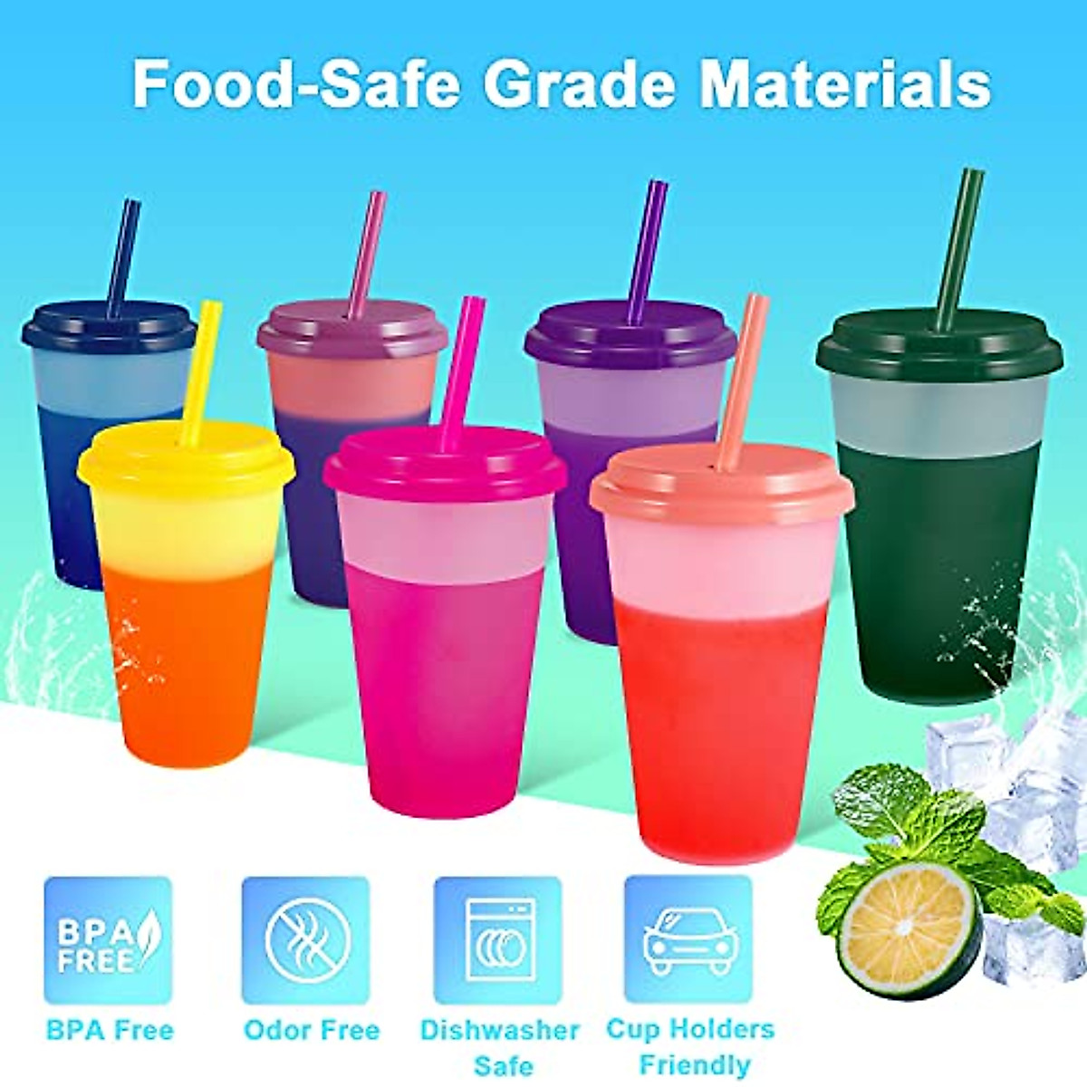 Patinao Color Changing Cups Tumblers with Lids & Straws for Kids - 7 Reusable Plastic Bulk Tumblers 12oz Cold Cup Tumbler Set for Kids