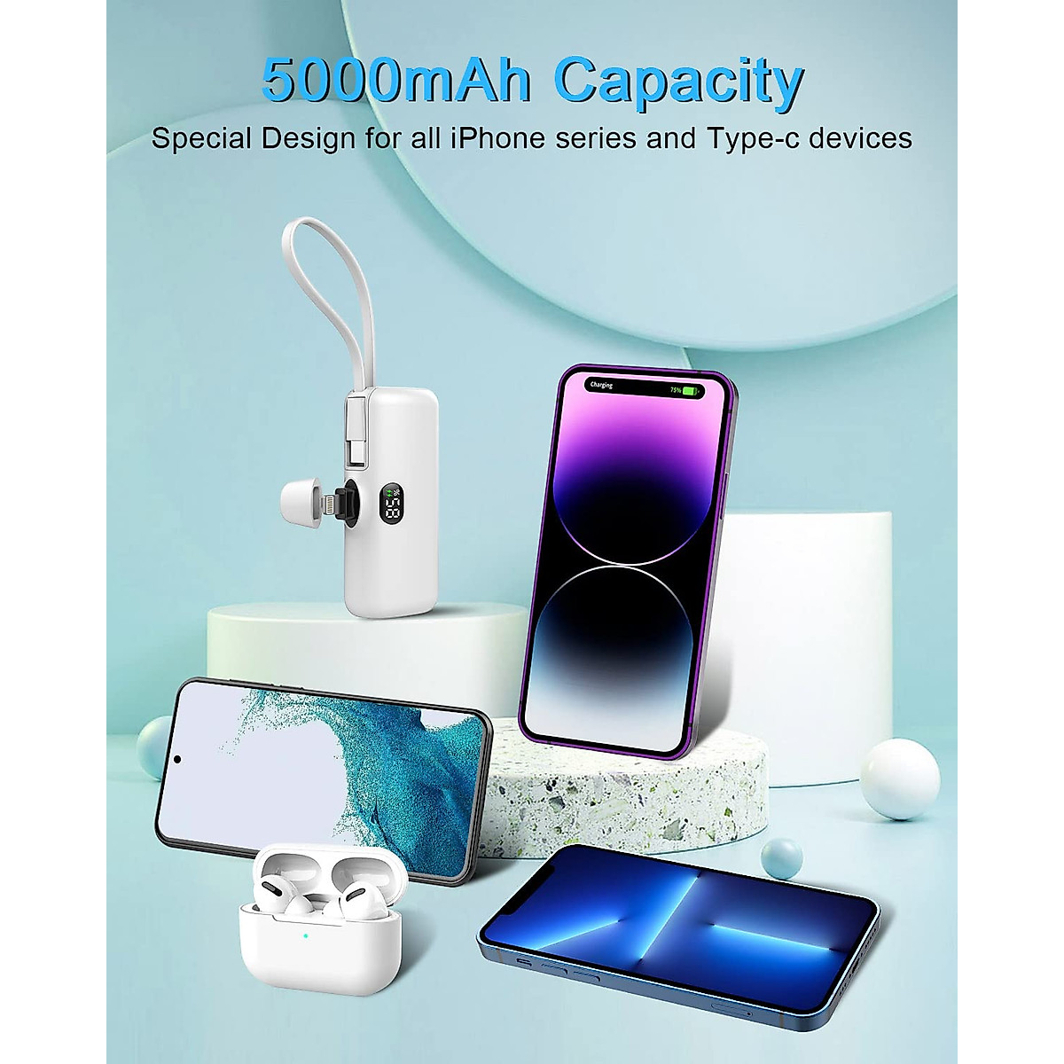 Aimenzunto Small Portable Charger, 5000mAh Lightning & USB C Dual Output Power Bank, LED Display Battery Pack Fast Charging for iPhone 14/13/12/11 Samsung S22/S21 Google Pixel Moto LG and More, White