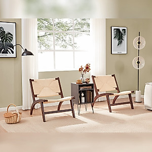 Modern Boho Accent Chairs for Living Room,Mid Century Lounge Chair,Side Chair Indoor Scandinavian Cognac Natural Wood Beech Braided Jute Woven Weave Paper Rope Seat Accent Chair