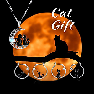 Fryneauy Cat Necklace 925 Sterling Silver Moonstone Moon Cat Pendant Cute Animal Jewelry Gift for Women Mother Sister