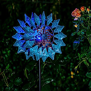 Solar Wind Spinner New Azure 75in Multi-Color Seasonal LED Lighting Solar Powered Glass Ball with Kinetic Wind Spinner Dual Direction for Patio Lawn & Garden