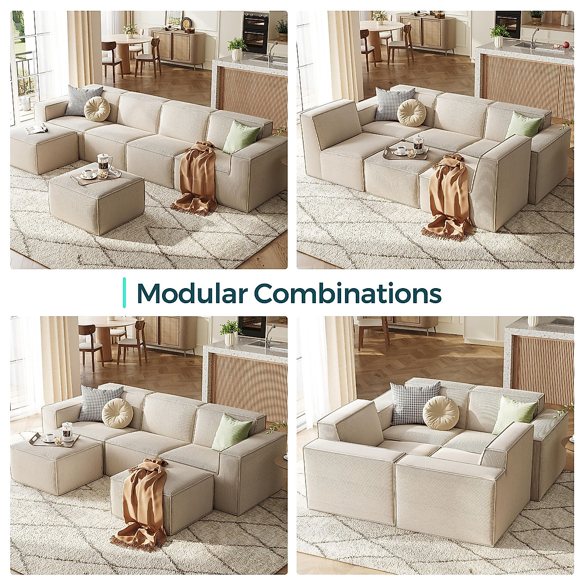 LINSY HOME Oversized Deep Modular Sectional Sofa, Cloud Couch L Shaped 4-Seat Sofa with Ottoman, Corduroy Sectional Couches for Living Room, No Assembly Required, Beige