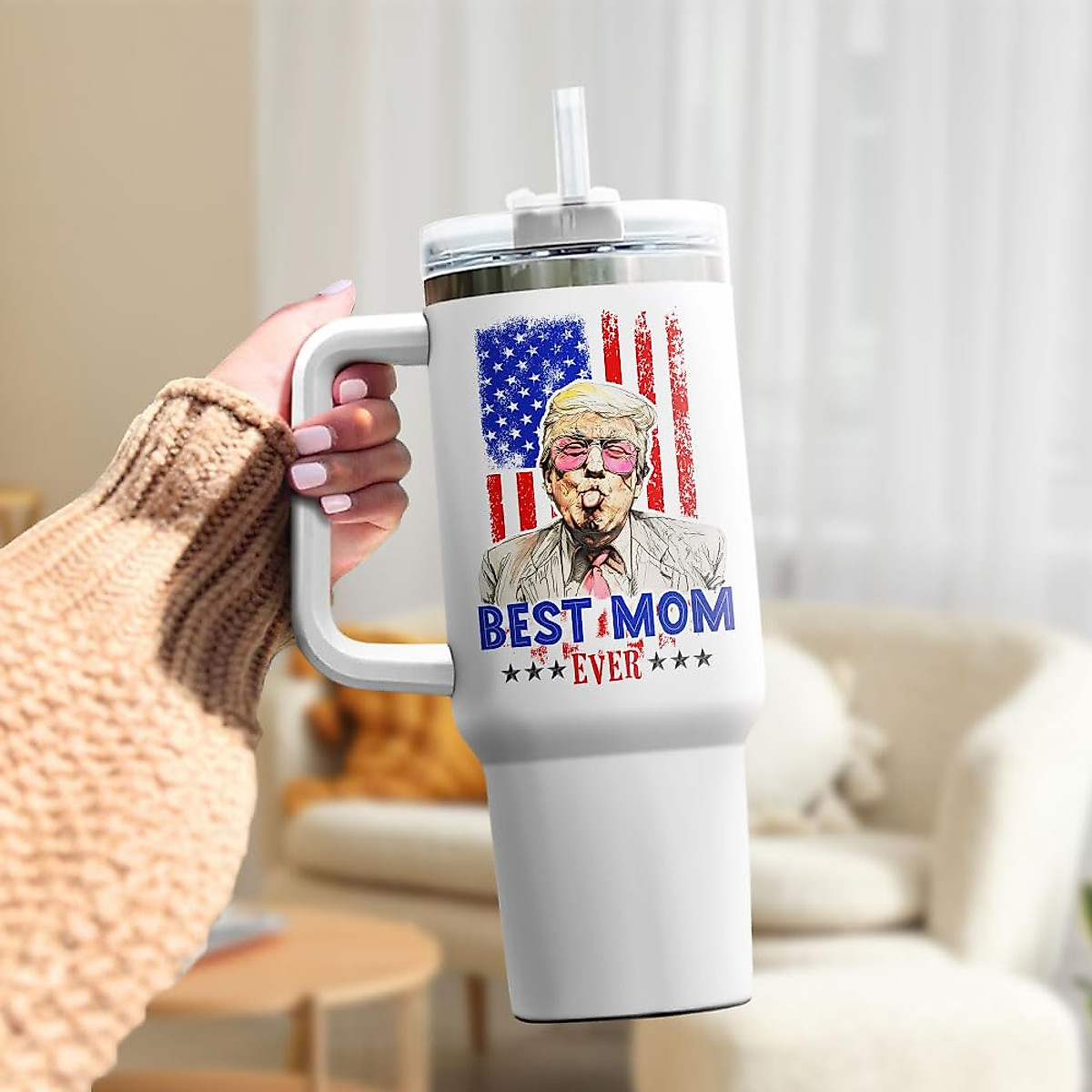 9SUNFLOWER Handle Cups for Mother's Day, Trump Best Mom Gifts, Nutrition Facts Tumbler 40 Oz With Handle, Lid and Straw