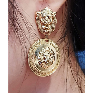 Doubnine Lion Head Earrings Big Coin Gold Circle Dangle Baroque Animal Earrings Vintage 80's Women Accessories Gift