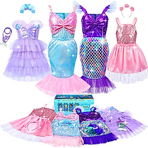 Jeowoqao Mermaid Princess Dress Up Costume, Girls Dress Up Pretend Play Clothes Gift 13Pcs Princess Costume for Little Girls Age 3-6 Years