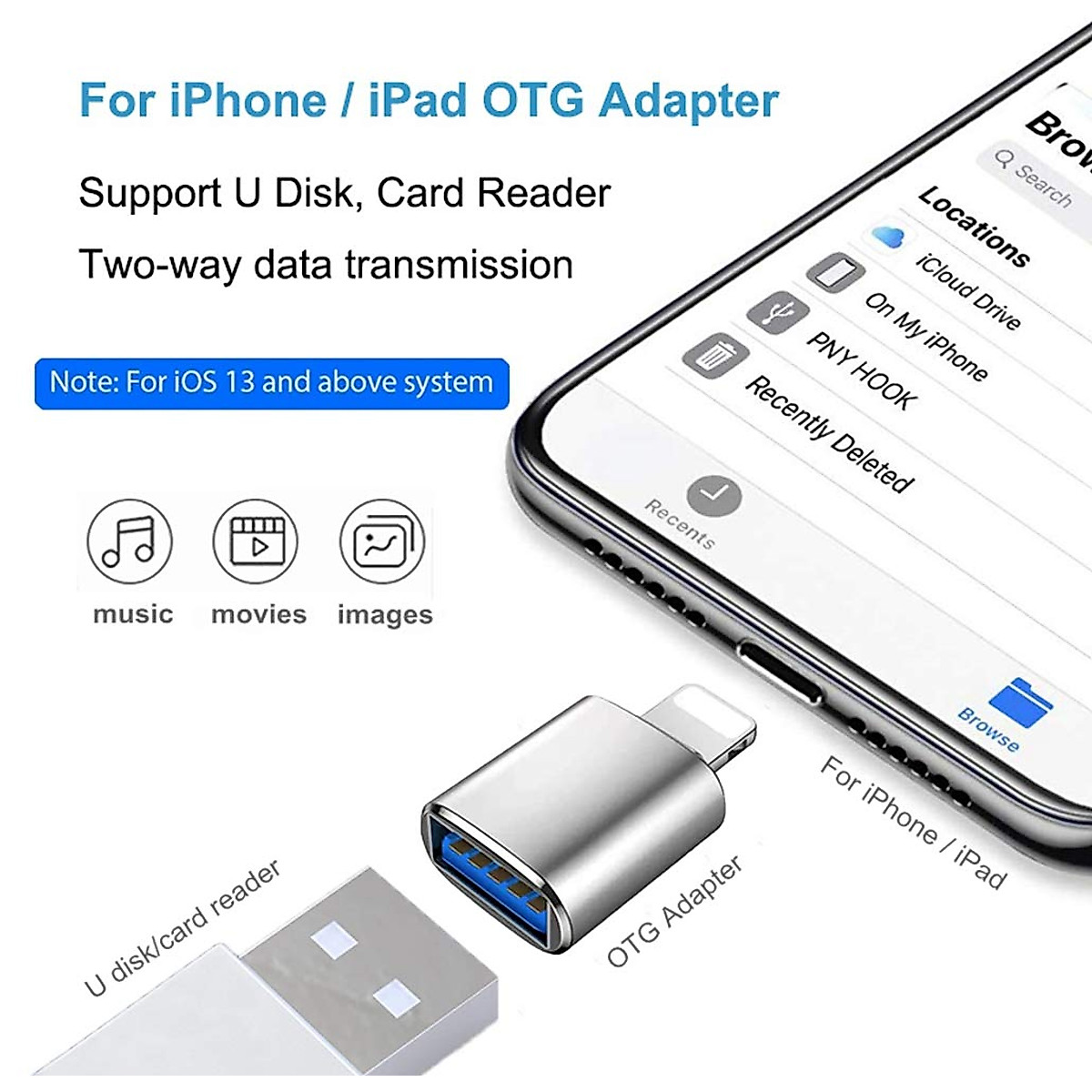 rosyclo Lightning to USB3 Adapter, MFi Certified USB OTG Data Sync Converter Compatible iPhone 12/11/X/8/7/6/iPad, Camera, Card Reader, USB Flash Drive, MIDI Keyboard, Mouse iOS 9.2-14+ Silver
