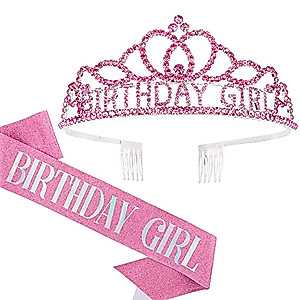 AOPRIE Birthday Crown for Women Birthday Girl Sash for Women Birthday Tiara for Women Birthday Girl Headband Princess Crown Rhinestone Happy Birthday Accessories Pink