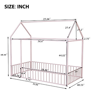 HAUSHECK Montessori Bed for Toddlers, Twin Size, Metal House Bed Frame with Full-Length Guardrails, Montessori Floor Beds with Rails & Roof Fun Playhouse for Kids Girls & Boys, No Box Spring Needed