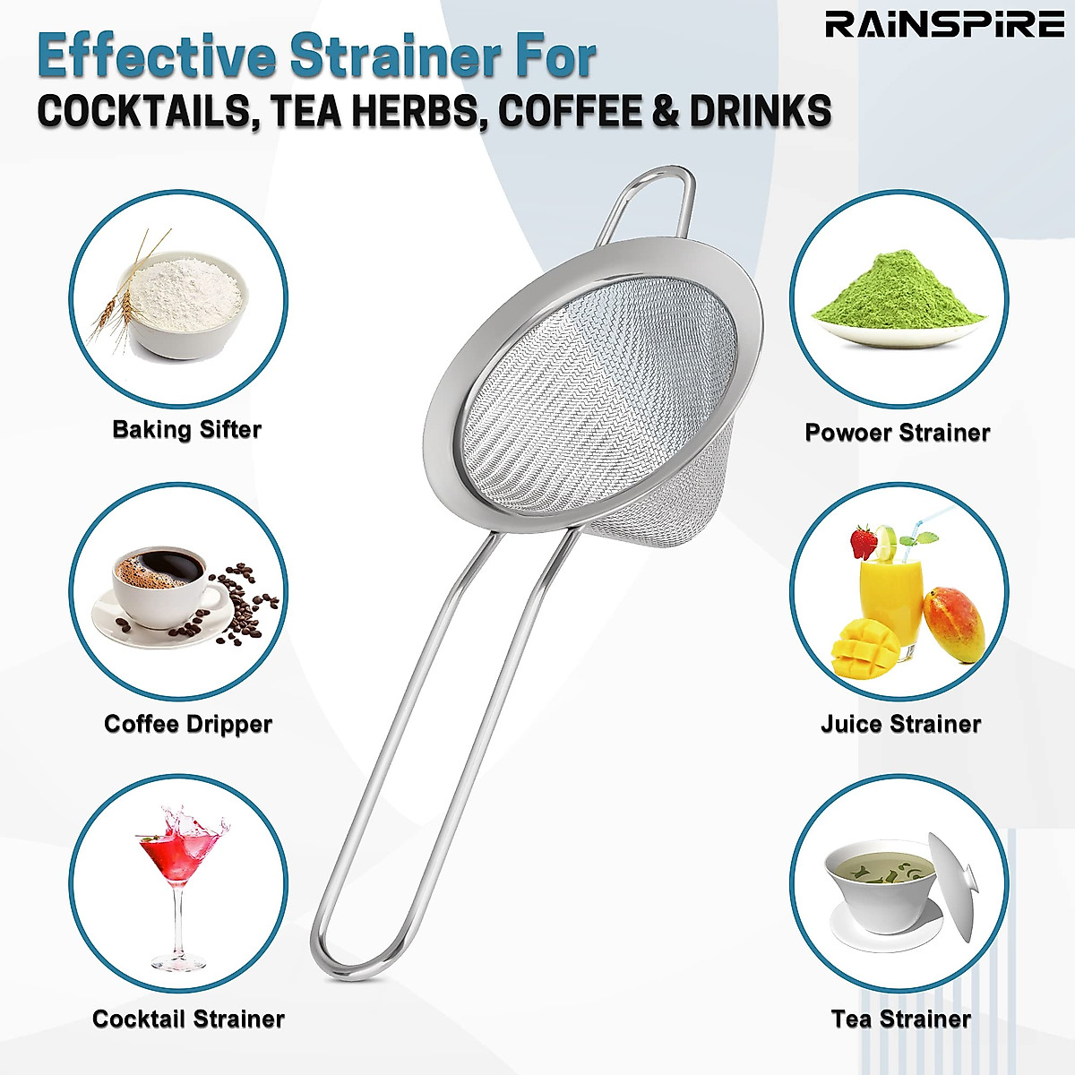 Rainspire Stainless Steel Small Strainer Fine Mesh Strainer, Mini Cocktail Strainer For Cocktails Tea Herbs Coffee & Drinks, Tea Strainer with Handle, Rust Proof, Silver