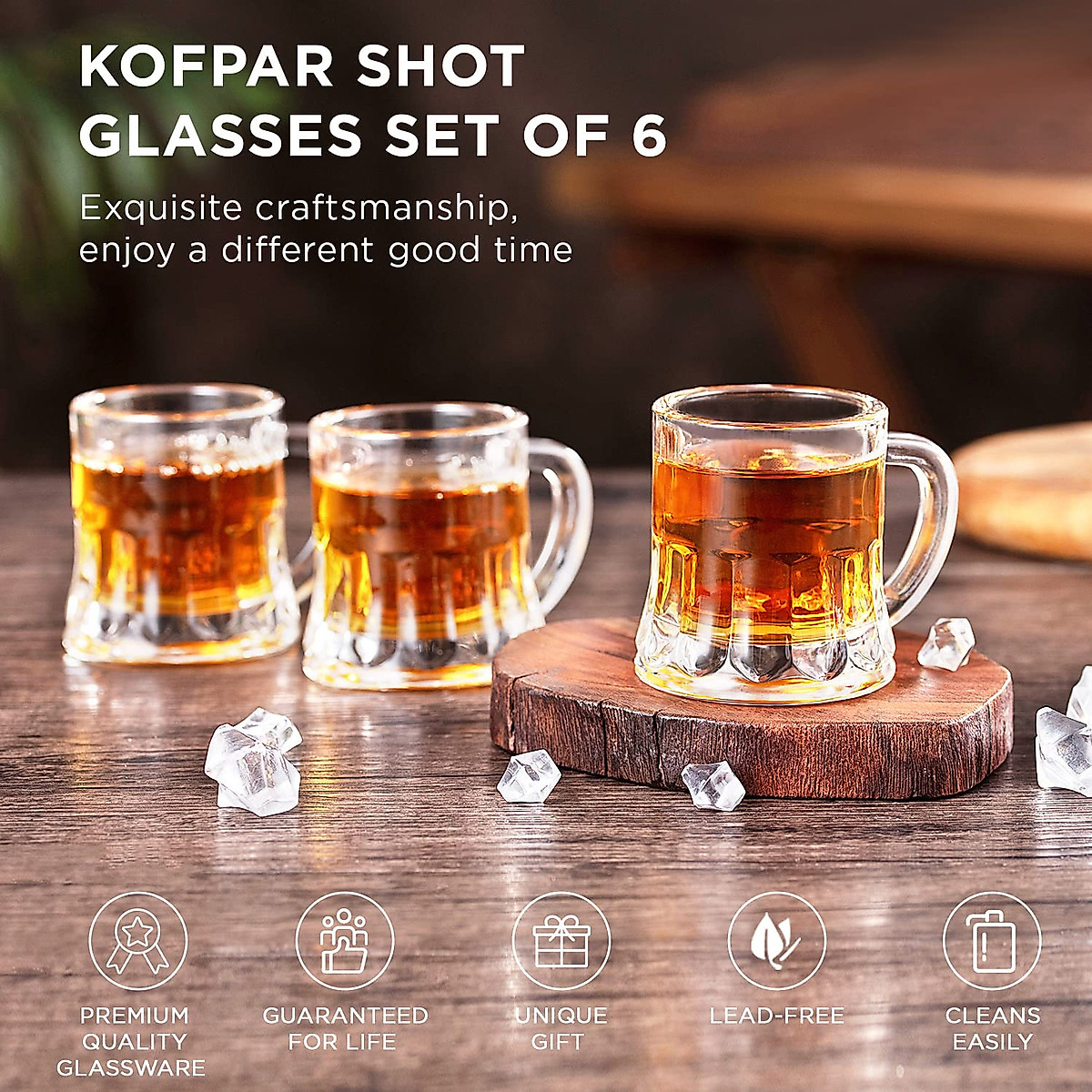 KOFPAR 6 Pcs Shot Glasses, Mini Beer Mug Shot Glasses with Handles, 50 ml/1.8 oz Shot Glasses for Vodka, Whiskey, Tequila, Espresso, Perfect Valentine's Day Gift for Men Women Birthday Gifts (Glass)