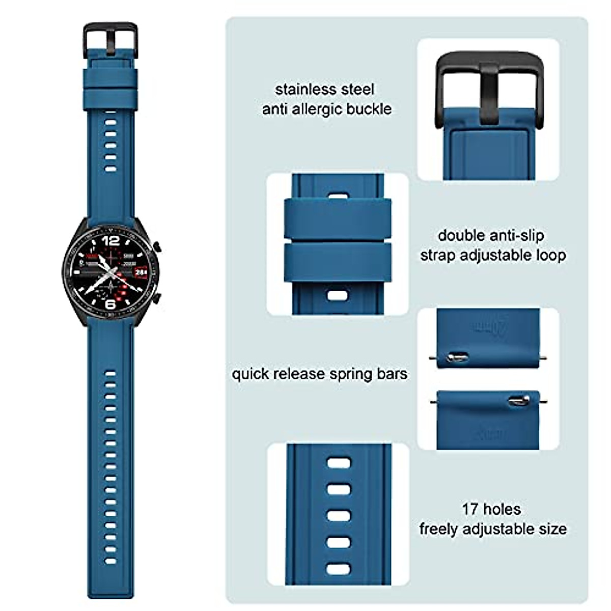 ANNEFIT Men's Silicone Watch Bands 20mm, Quick Release Soft Rubber Replacement Strap with Black Buckle (Blue)