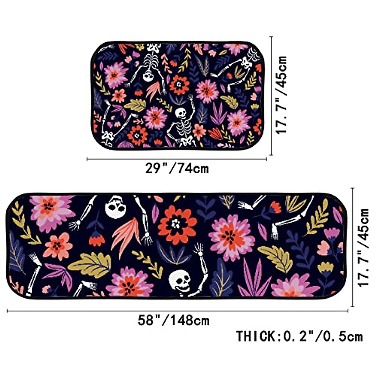 Vantaso Kitchen Floor Mat Rug Floral Halloween Set of 2 Cushioned Non-Slip Comfort Runner Rugs