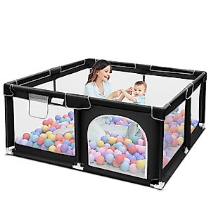 Suposeu Baby Playpen, Sturdy and Safety Playard with Soft Breathable Mesh, Indoor and Outdoor Baby Fence, Portable Playpen for Babies and Toddlers, Black