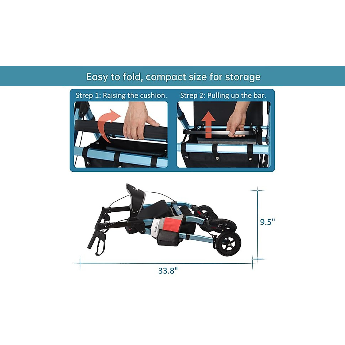 BlessReach Heavy Duty Rollator Walker - Aluminum Rolling Walker for Seniors and Adults with Large Seat, Support Up 450 lbs (Blue)