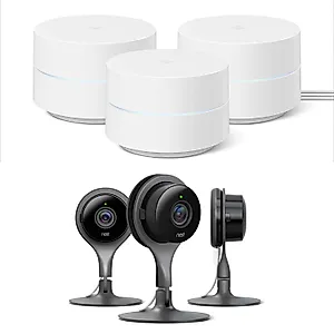 Google Wi-Fi Mesh Network System Router AC1200 Point (3-Pack) Bundle with Nest Indoor Security Camera, 3-Pack