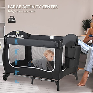 Kinder King 3 in 1 Portable Baby Playard, Foldable Pack n Play, Nursery Center for Infant & Toddler, Removable Mattress, Newborn Changing Table, Travel Bag, Toy Bar, Storage Basket, Black