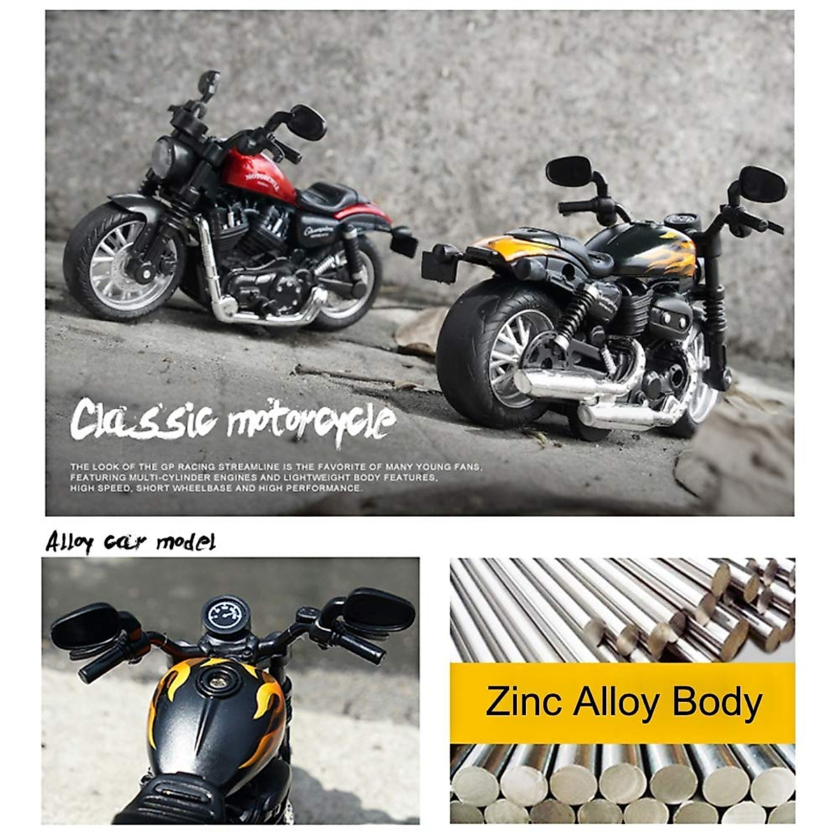 Gilumza Pull Back Motorcycle Toys, Tiny Gift with Music Lighting, Retro Motorcycles Toy for Boys Kids Age 3-12 Year Old (Orange)