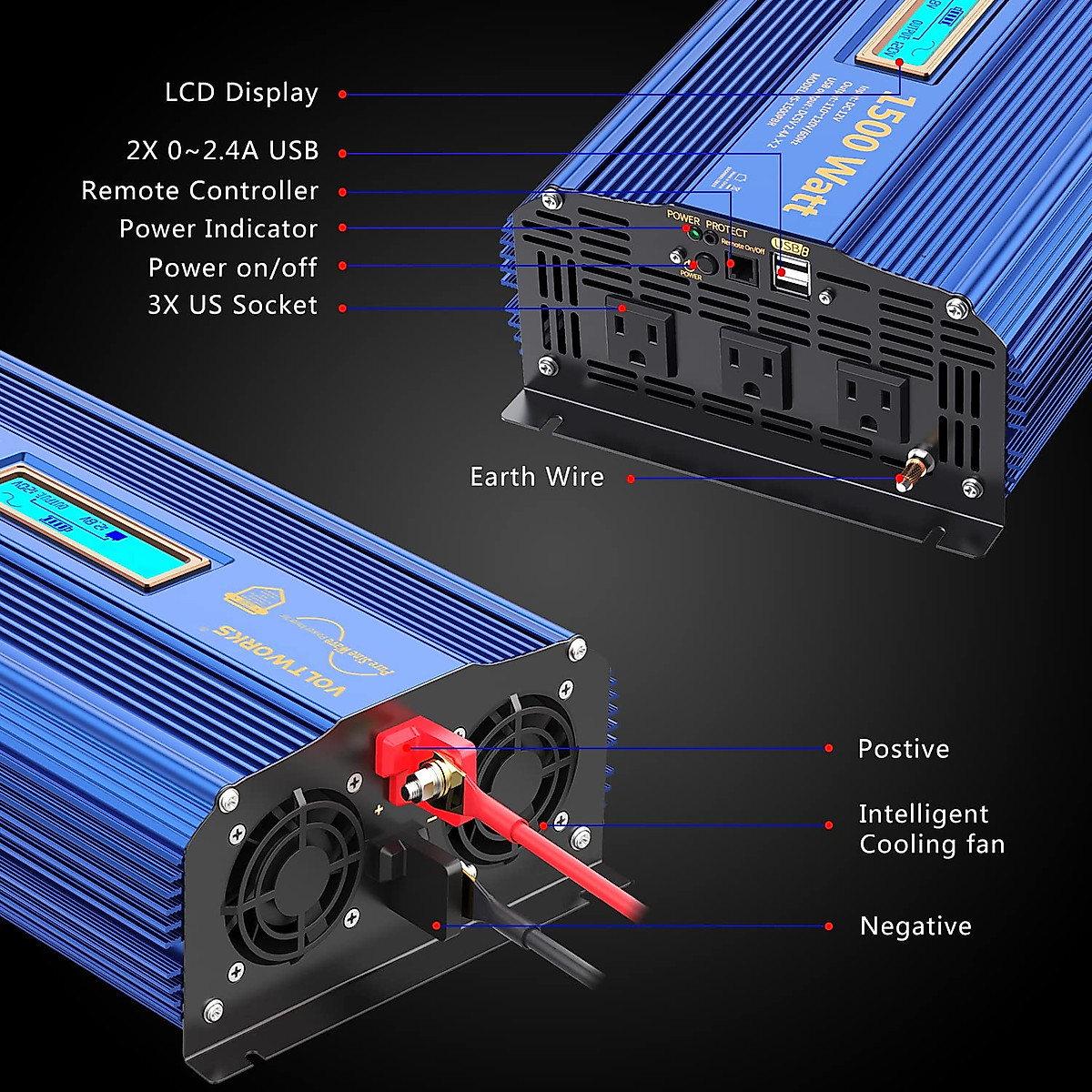 1500W Pure Sine Wave Power Inverter DC 12v to AC 110V-120V with Remote Control LCD Display and 2x2.4A Dual USB Ports 3 AC Outlets for Home RV Truck by VOLTWORKS