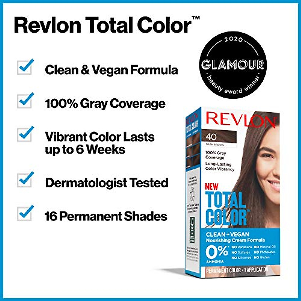 Revlon Total Color Permanent Hair Color, Clean and Vegan, 100% Gray Coverage Hair Dye, 53 Medium Golden Brown