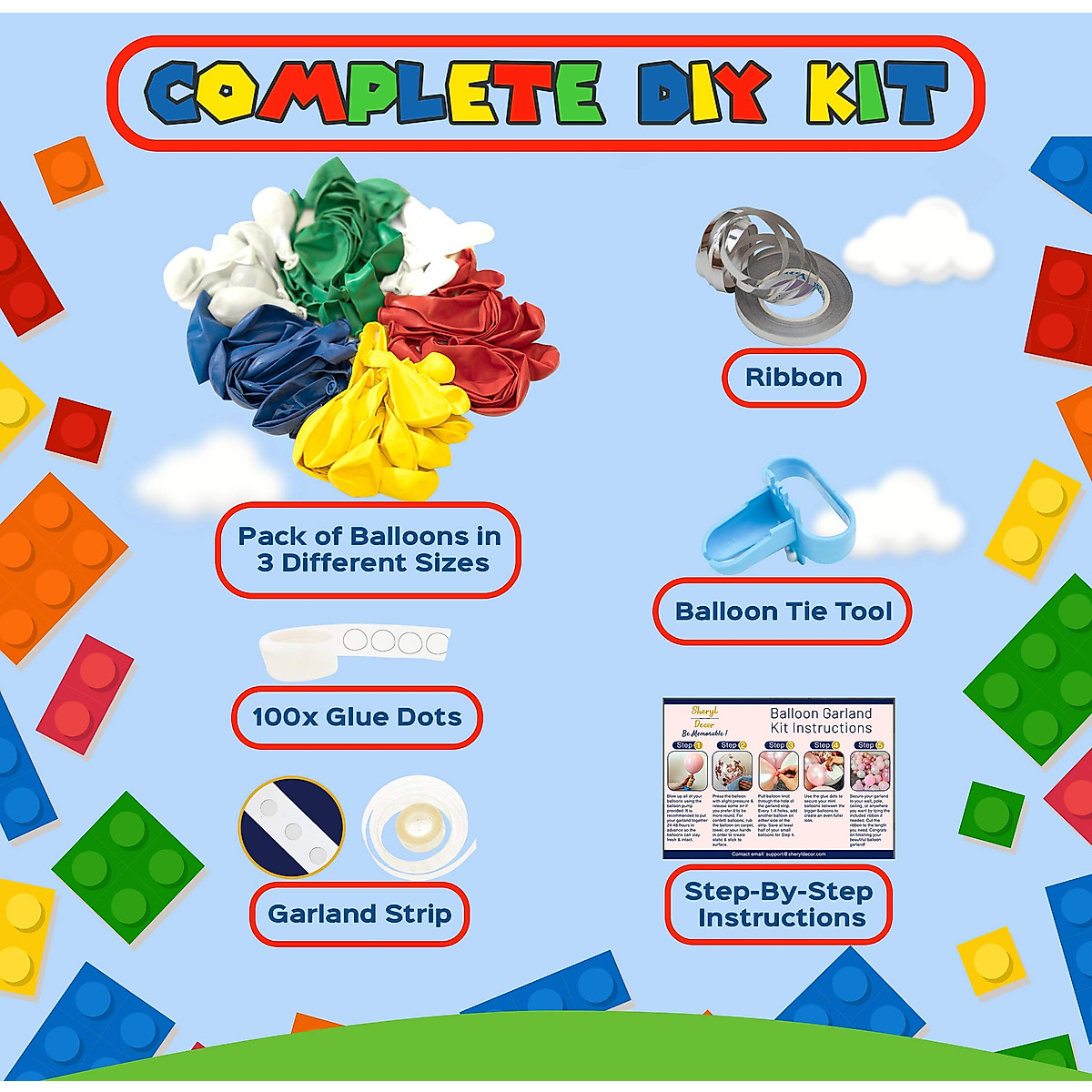 ALL-IN-1 Sesame Street Balloons Arch Kit & Garland – Small and Large Primary Color Red Blue Green Balloons – Lego Elmo Circus Carnival Super Mario Birthday Party Supplies & Decorations