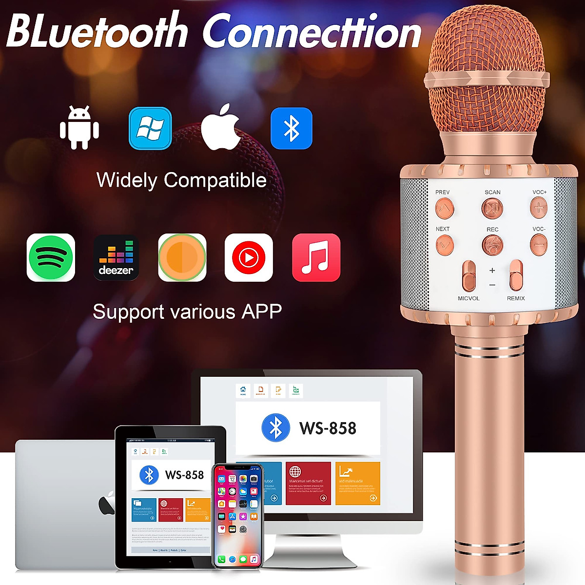 Winique Karaoke Machine for Kids, Bluetooth Mini Karaoke Machine with LED Lights, Christmas & Birthday Gift for All Ages 3 4 5 6 7 8 9 10+ Year Old Girls & Boys, Singing Anytime Anywhere (Rose Gold)