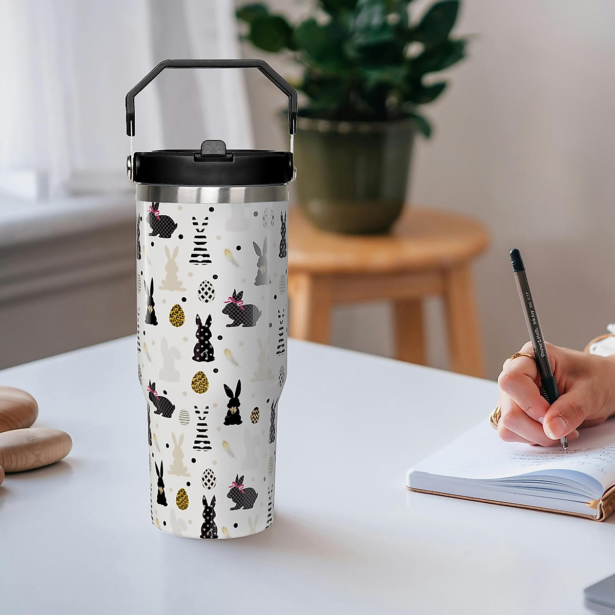 30oz Easter Tumbler with Handle and Straw, Black Rabbits Insulated Tumbler, Leak Proof Travel Coffee Mug, Reusable Stainless Steel Easter Egg Tumbler, Easter Gifts for Women (black white)