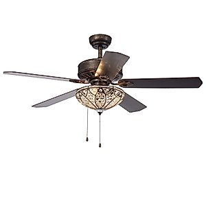 Warehouse of Tiffany CFL-8353RB Gliska 52-Inch 5-Blade Rustic Bronze Lighted w Crystal Shade Ceiling Fan, Brown