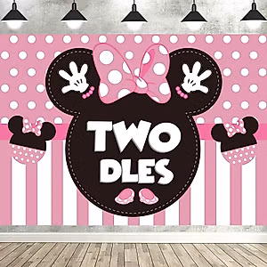 HEETON Pink Mouse Twodles Birthday Party Supplies Decorations Pink Girl Second Fabric Banner Backdrop for Baby Two Years Old 2nd Birthday Photo Props Background -7 x 5ft