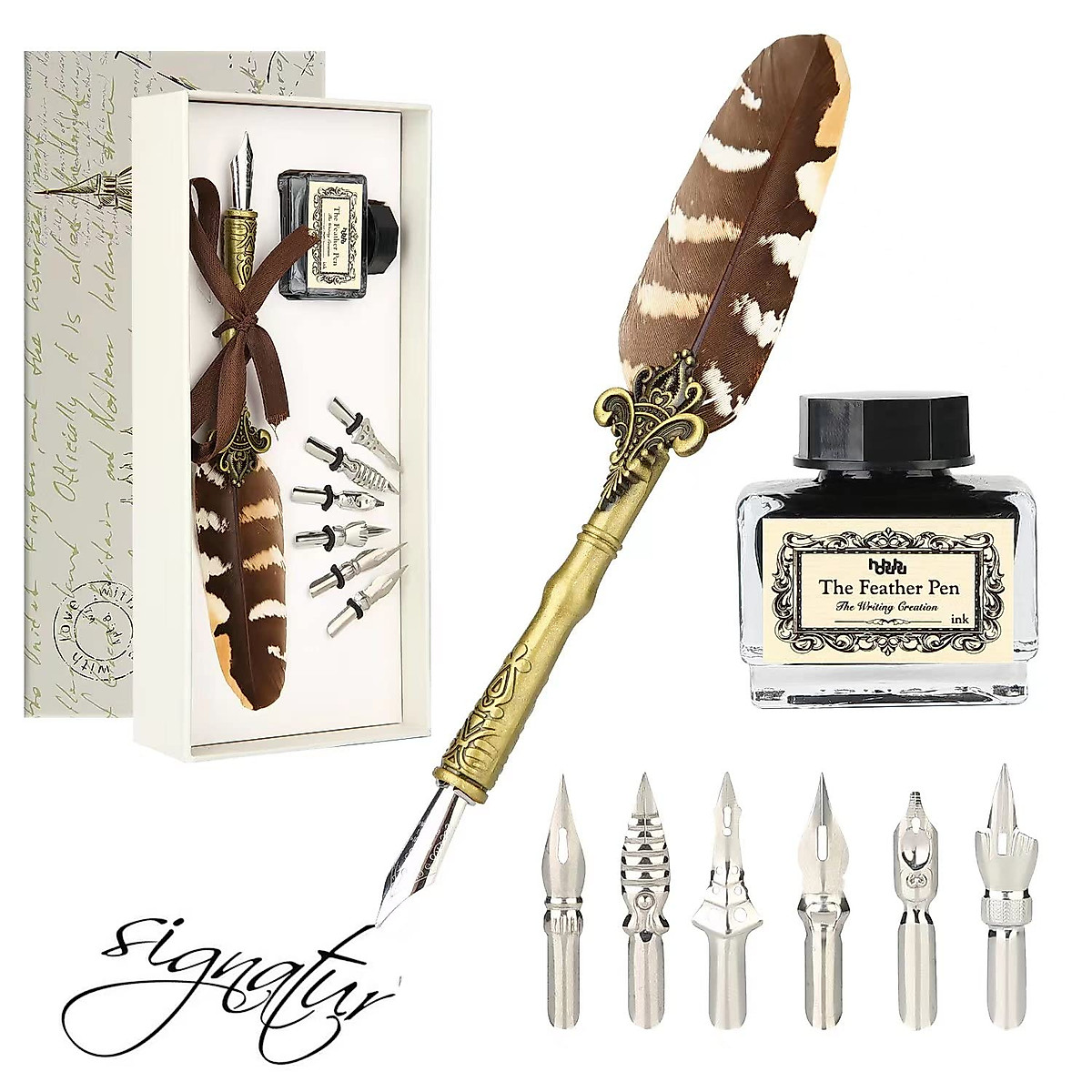 Quill Pen and Ink Set Feather Pen with Ink and 6pcs Nibs Calligraphy Pens for Beginners for Lettering,Drawing, Journaling, Signing, Invitation HO-Q-300