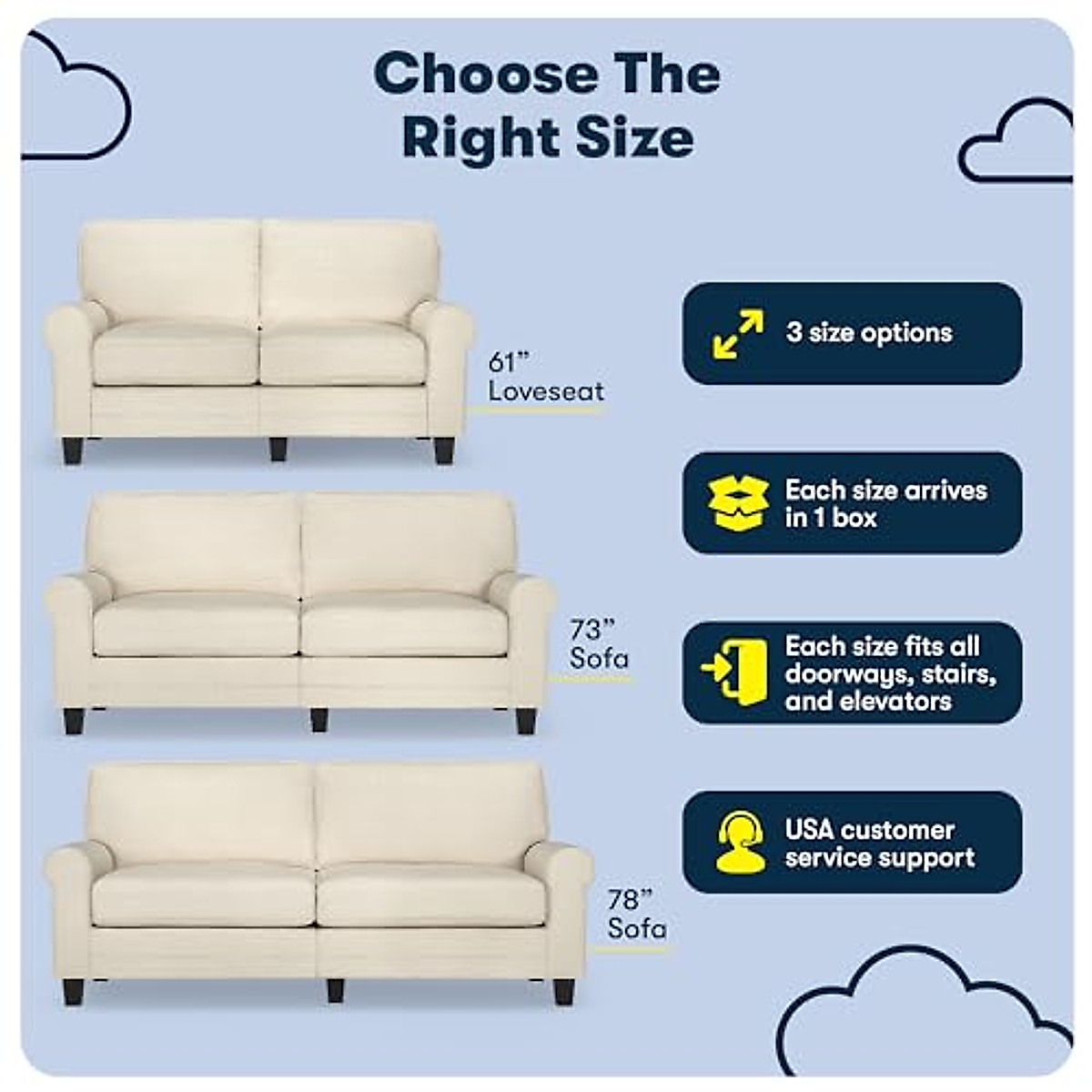 Serta Copenhagen 73" Rolled Arm Sofa, Easy Care Polyester, Soft Pillow Back, Pocket Coil Seat Cushions, Removable Covers, Loveseat or Couch for Small Spaces, Living Rooms or Bedrooms, Buttercream
