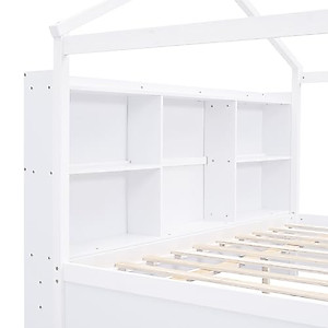 DEYOBED Full Size House Bed with Storage Shelves and Twin Size Trundle, Wooden Full Playhouse Bed, Canopy Bed, House Shape Bed Frame for Kids Boys Girls, No Box Spring Needed, Brushed White