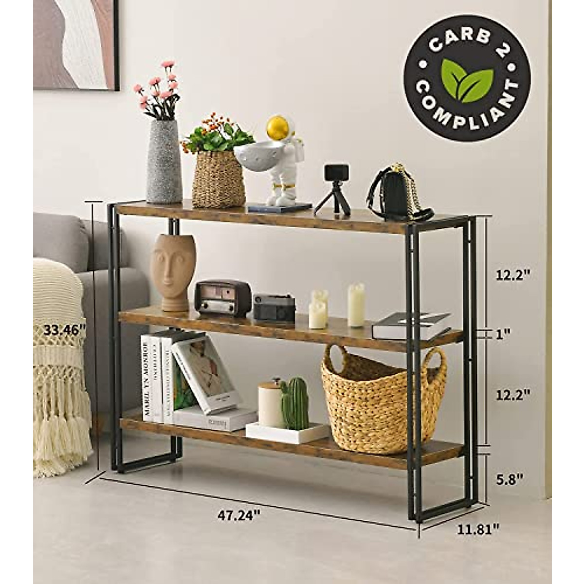 Bookshelf,3-Tier Open Bookcase,Rustic Wood and Metal Industrial Display Book Shelves Home Office,Bedroom Standing Shelf Unit,Horizontal Kitchen Shelf Organizer,Bathroom Storage Rack Mid Century 47in